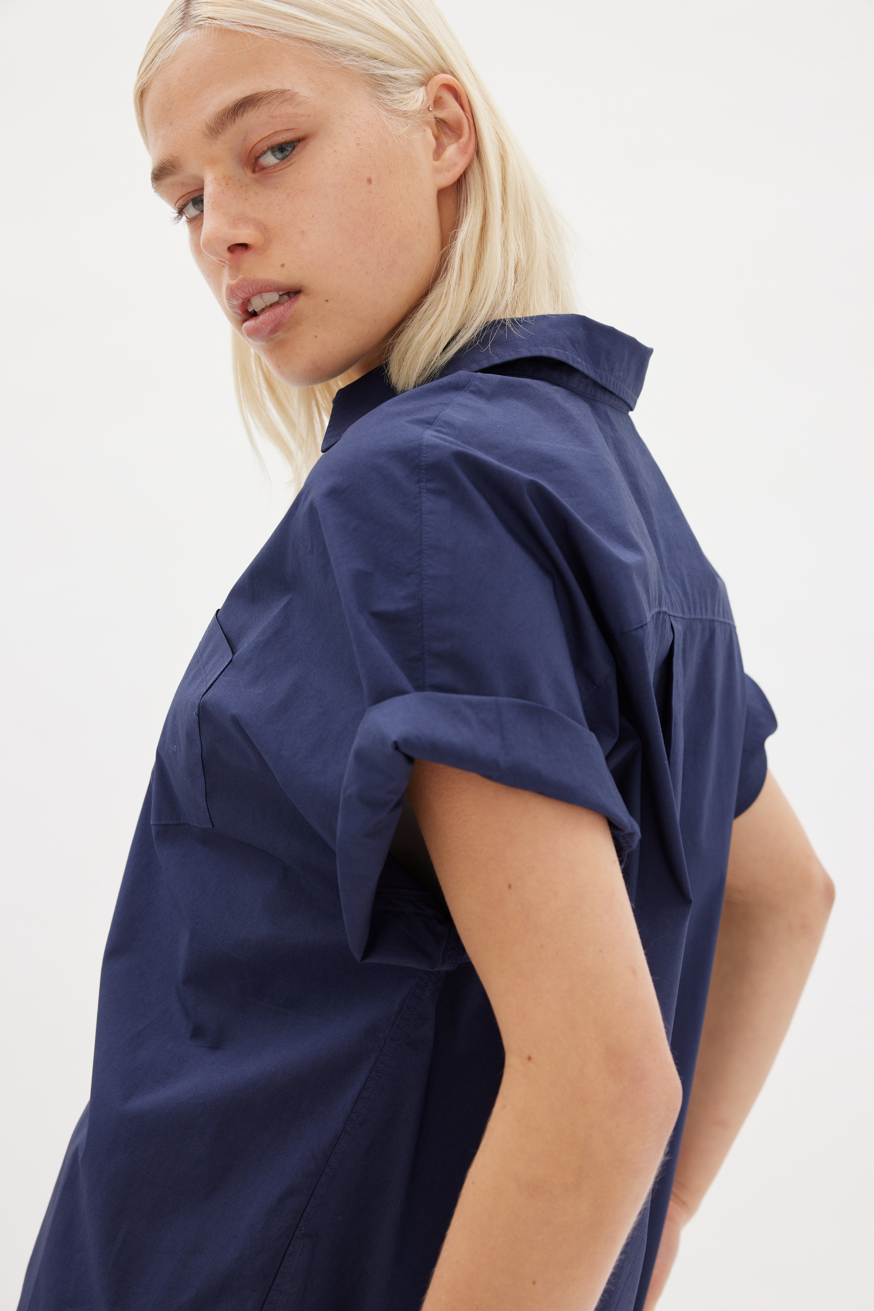 Navy Cotton Short Sleeve Button-Up Shirt - Chiara Collection | LMND